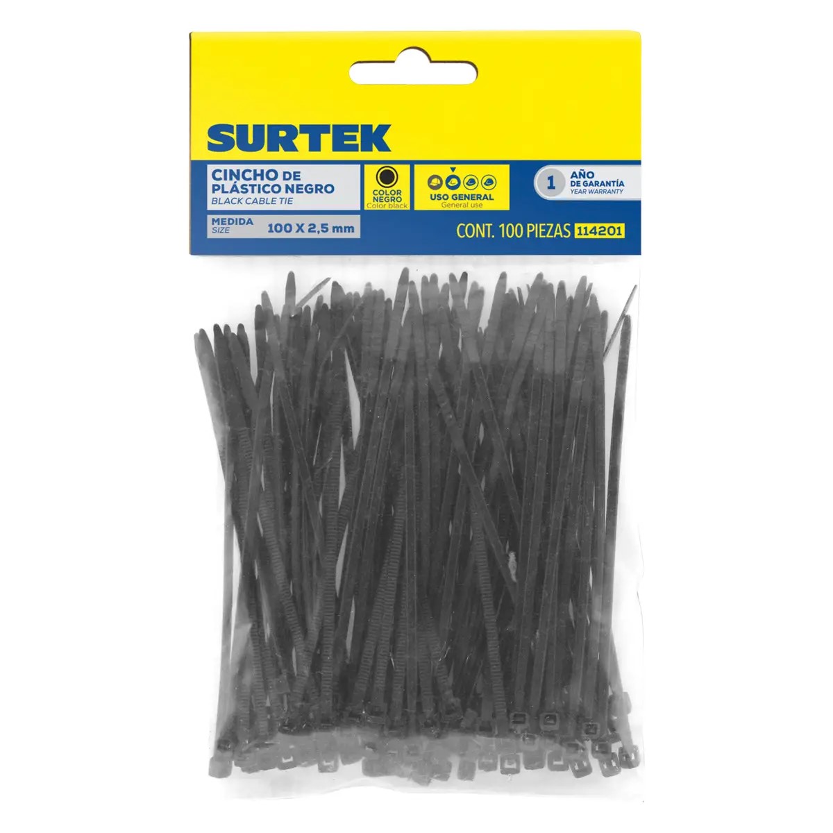 CINCHOS PLASTICOS 100MM X 2.5 MM TENSION 8 KG DE 100 PIEZAS COLOR NEGRO SURTEK 114201 ...